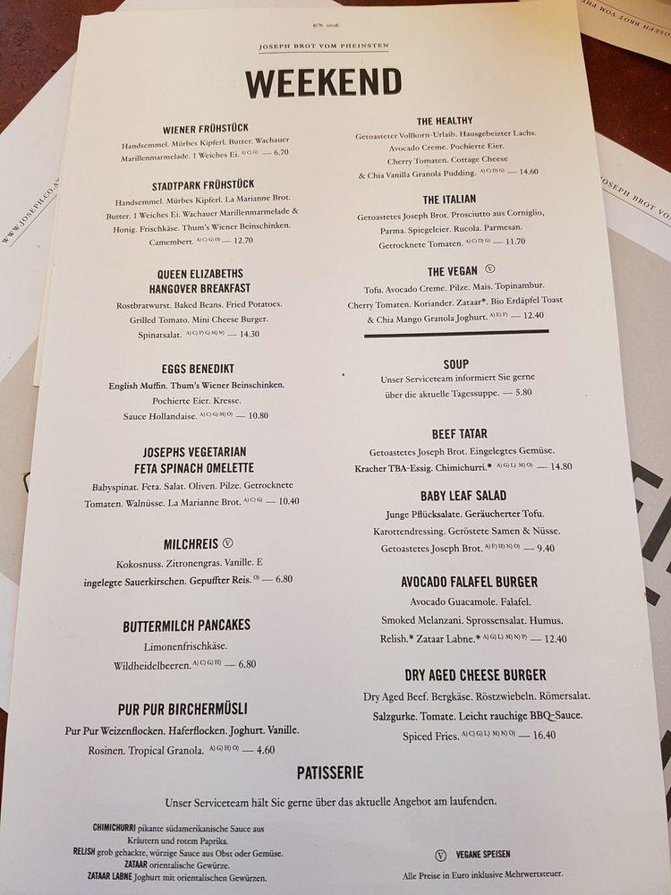 Menu at Joseph Brot cafe, Vienna, Landstraßer Hauptstraße 4