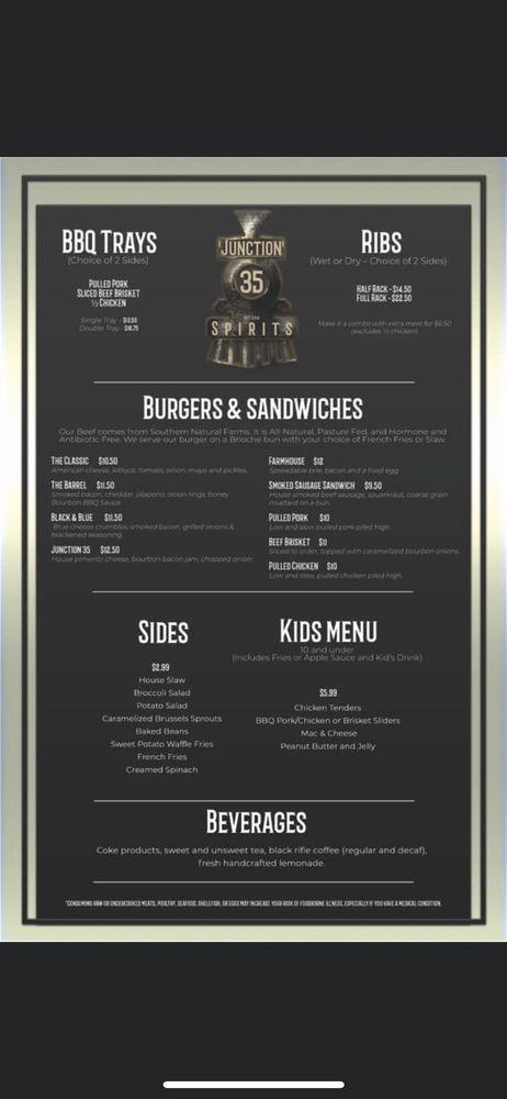 Menu at Junction 35 Spirits BBQ, Pigeon Forge