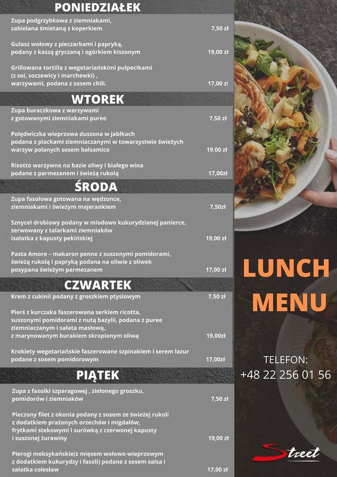 Menu at Street Restauracja restaurant, Warsaw, al. Jerozolimskie 179
