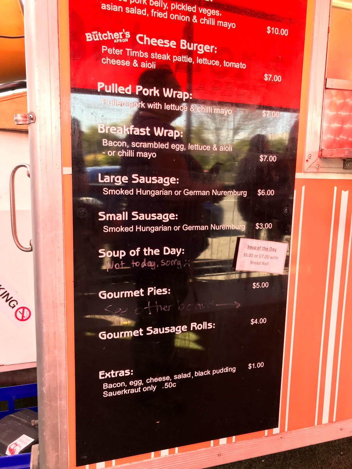 Menu at The Butcher's Apron cafe, Christchurch