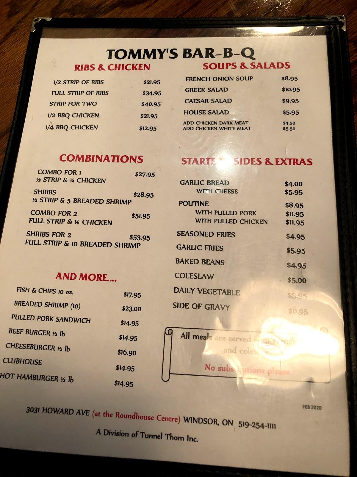 Menu at Tommy's Bar-B-Q, Windsor, Howard Ave