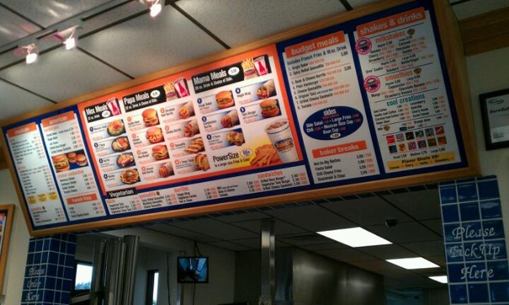 Menu at Baker's Drive-Thru fast food, Riverside, Indiana Ave