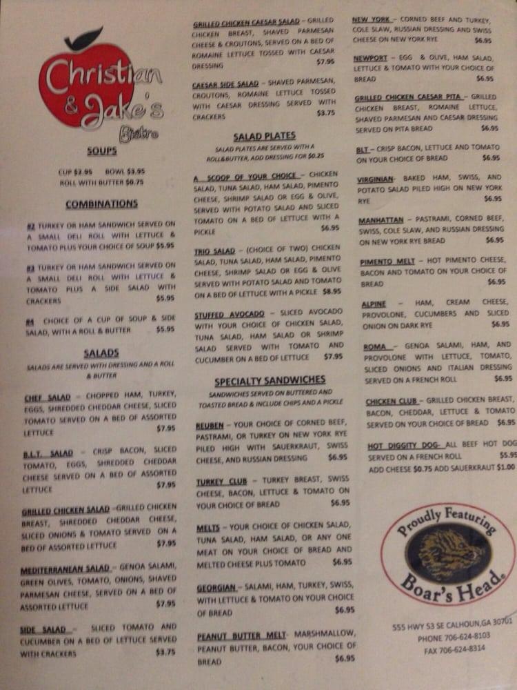 Menu at Christian & Jakes Bistro cafe, Calhoun