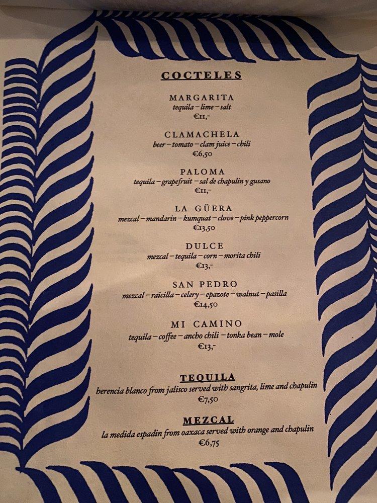 Menu at Coba, Amsterdam
