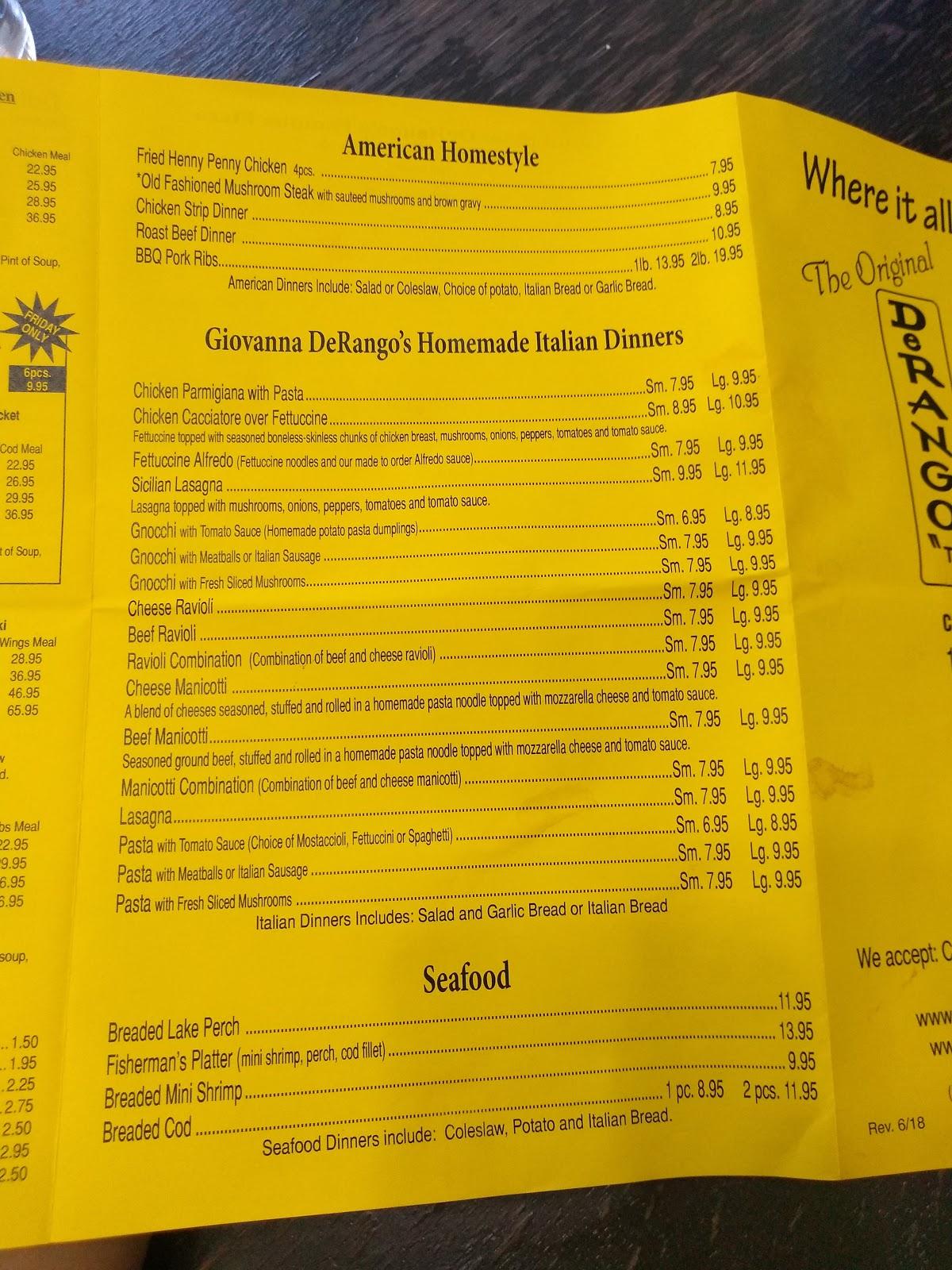 Menu at DeRango the Pizza King & Premium Chocolates restaurant, Racine