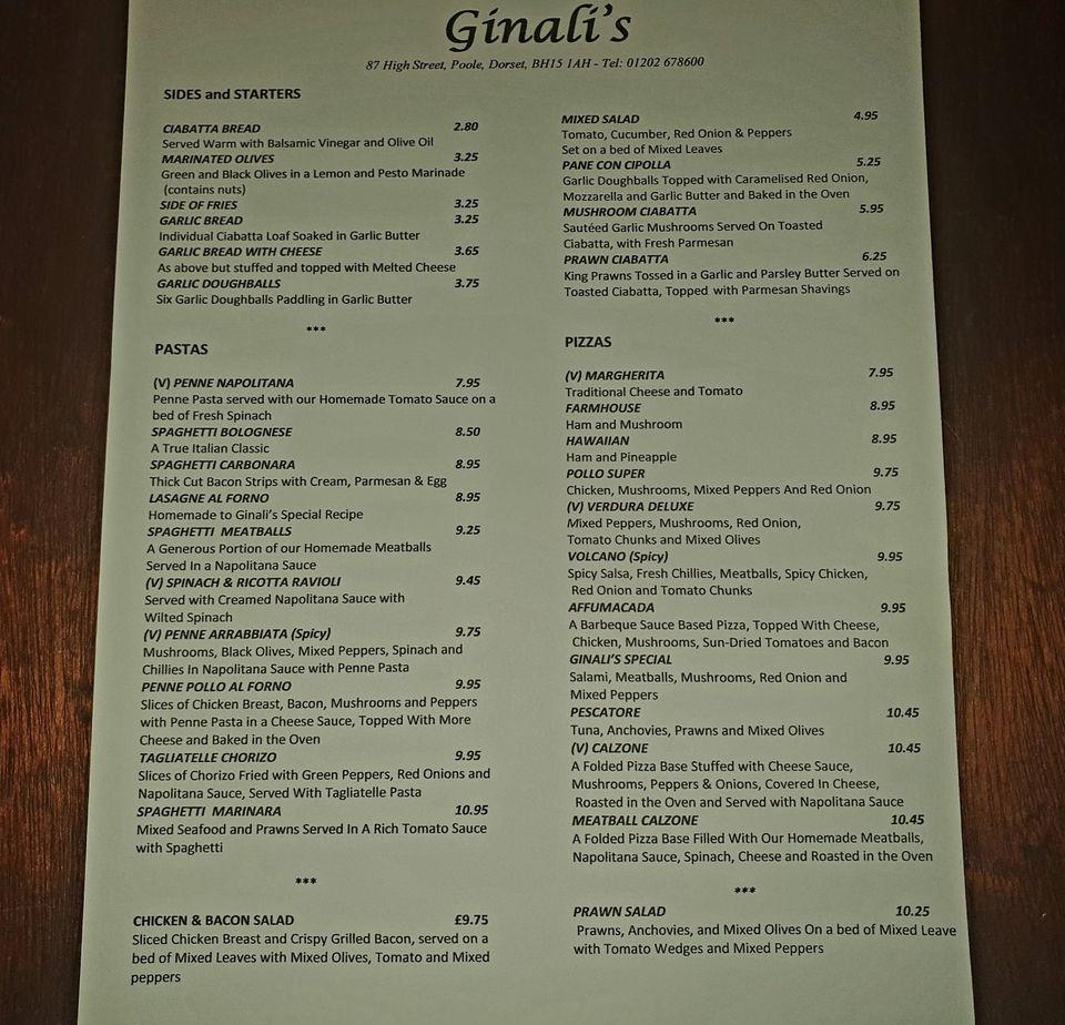Menu at Ginali's restaurant, Poole