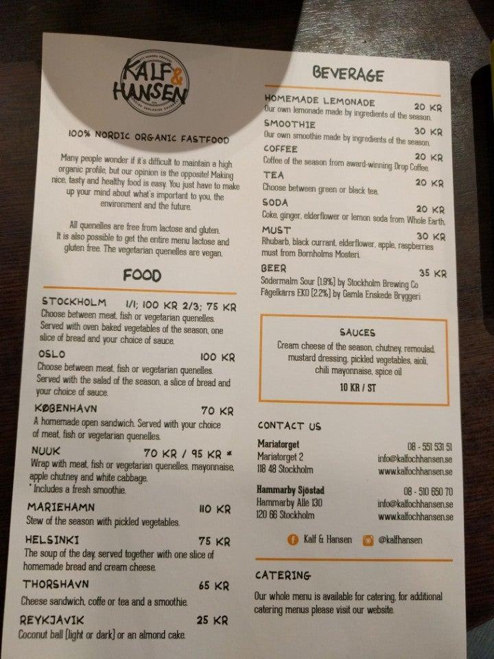 Menu at Kalf & Hansen restaurant, Stockholm, Mariatorget 2