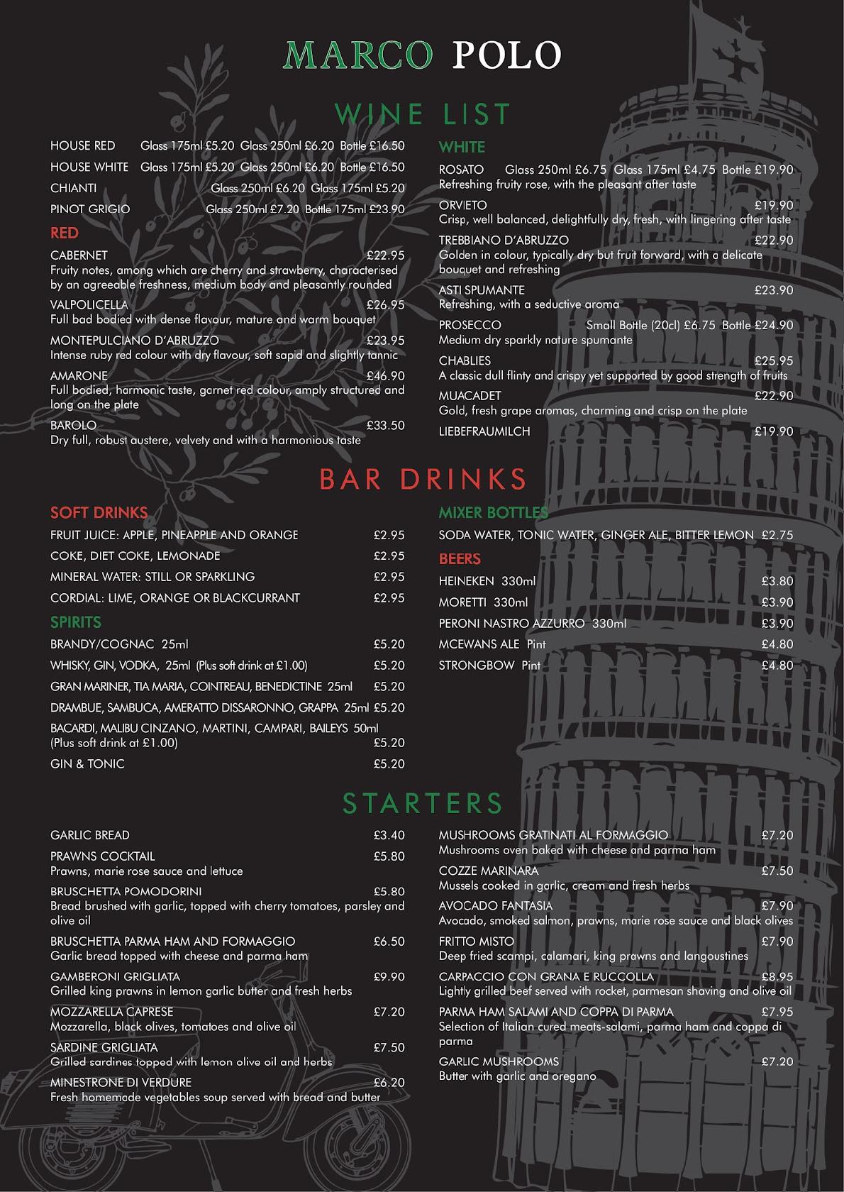 Menu at Marco Polo restaurant, Bournemouth