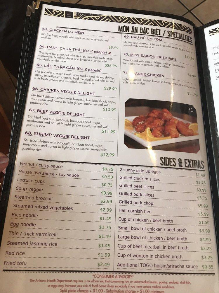Menu at Miss Saigon restaurant, Tucson, N Campbell Ave
