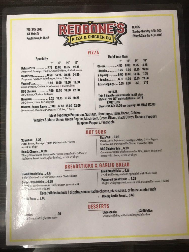 Menu at Redbone's Pizza & Chicken Co., LLC pizzeria, Knightstown