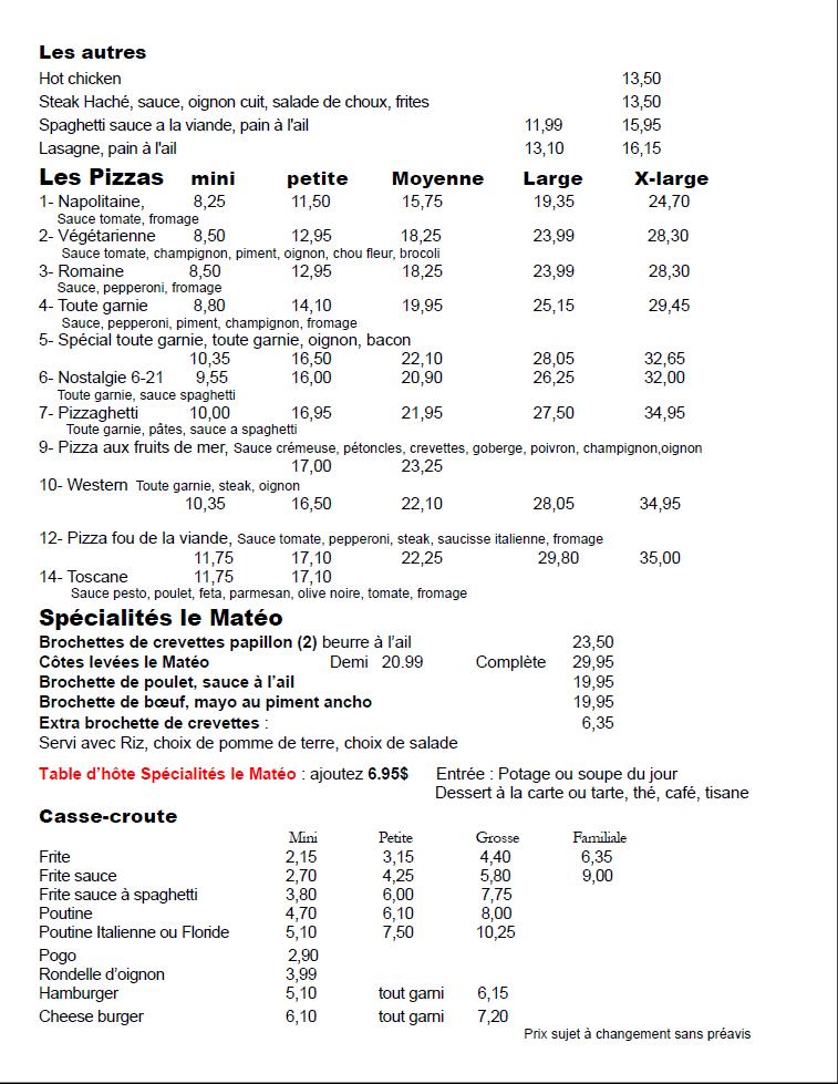 Menu au Restaurant le Matéo, Senneterre