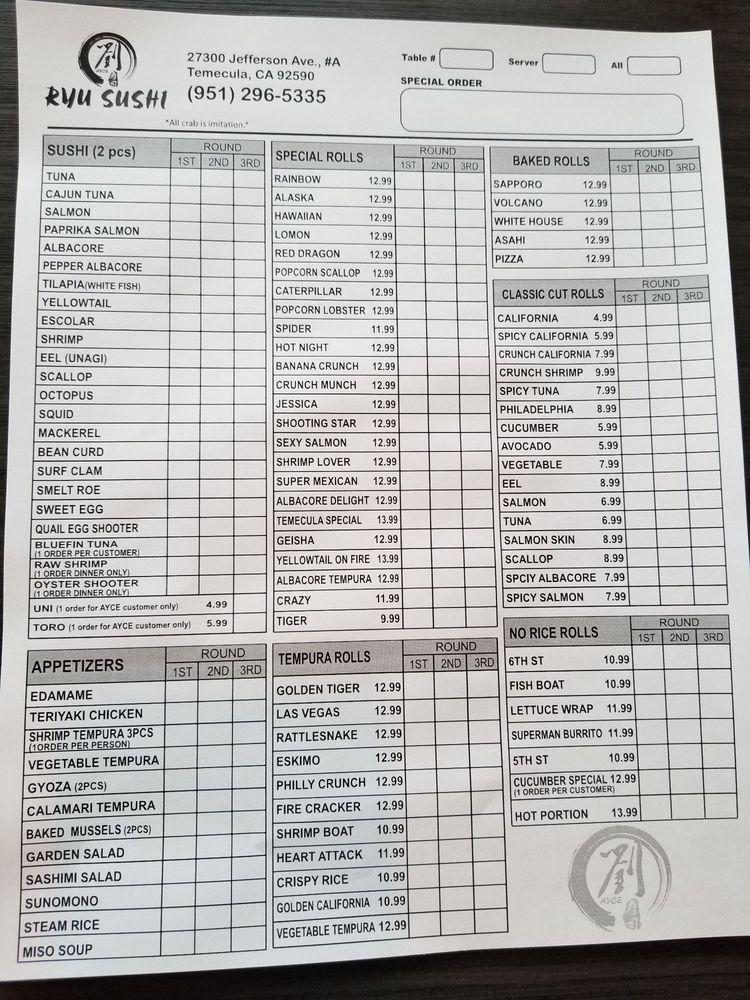 Menu at Ryu sushi restaurant, Temecula