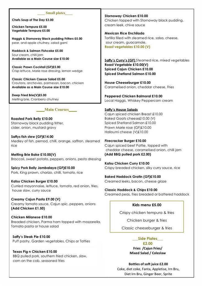 Menu at Saffy's Bistro restaurant, Ayr