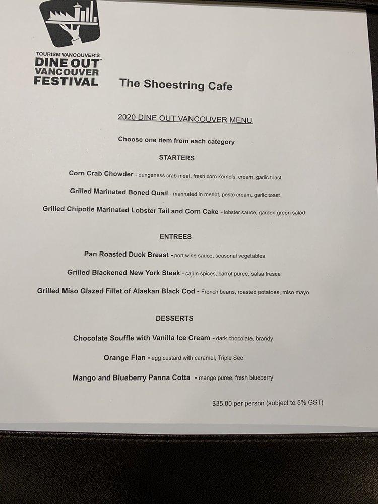Menu at The Shoestring Cafe, Richmond