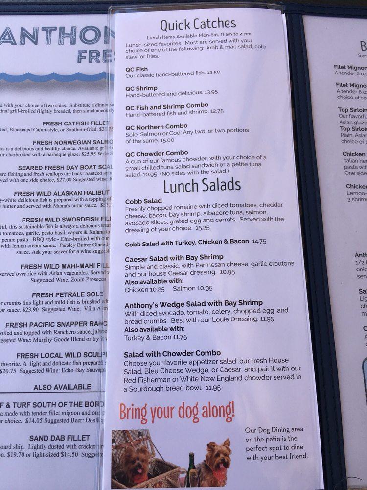 Menu at Anthony's Fish Grotto restaurant, La Mesa, Murray Dr