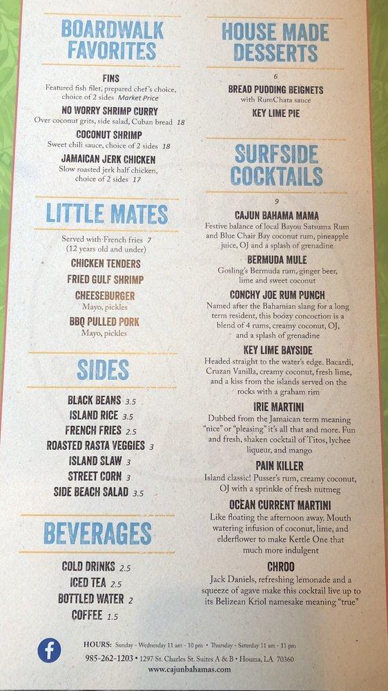 Menu at Cajun Bahamas Island Grill restaurant, Houma