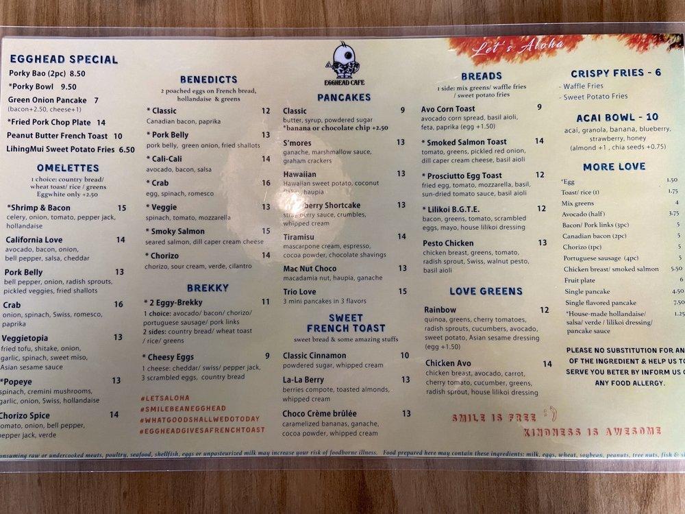 Menu at Egghead Cafe, Honolulu, Dillingham Blvd #8