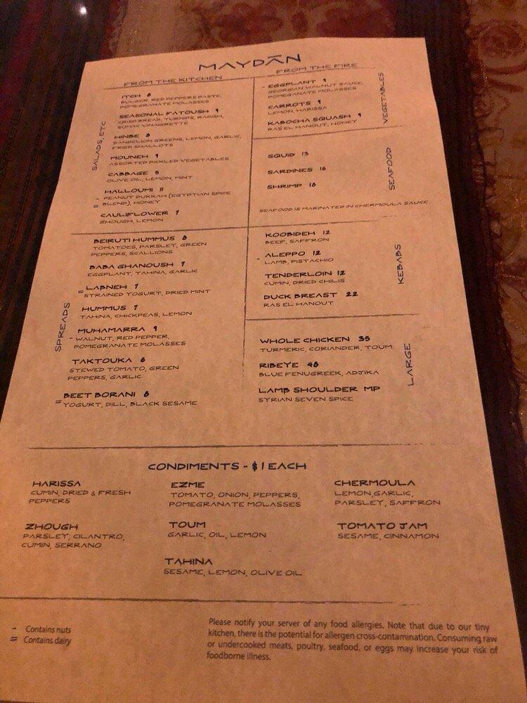 Menu at Maydan restaurant, Washington, Florida Ave NW