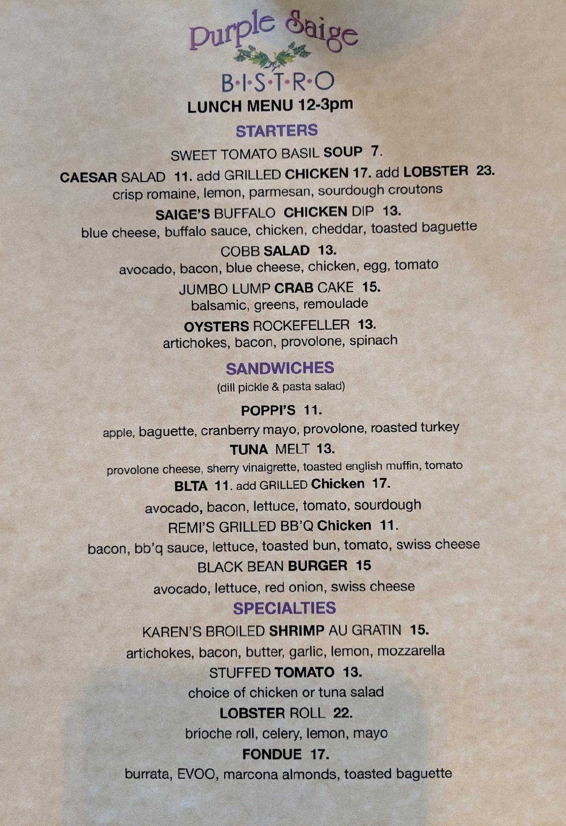 Menu at Purple Saige Bistro restaurant, Lake Placid