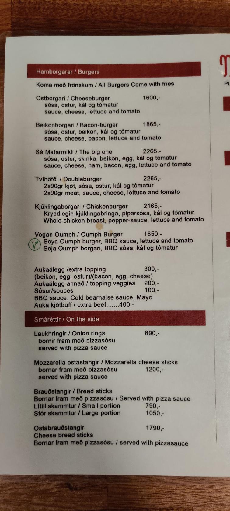 Menu at Björk restaurant, Hvolsvöllur