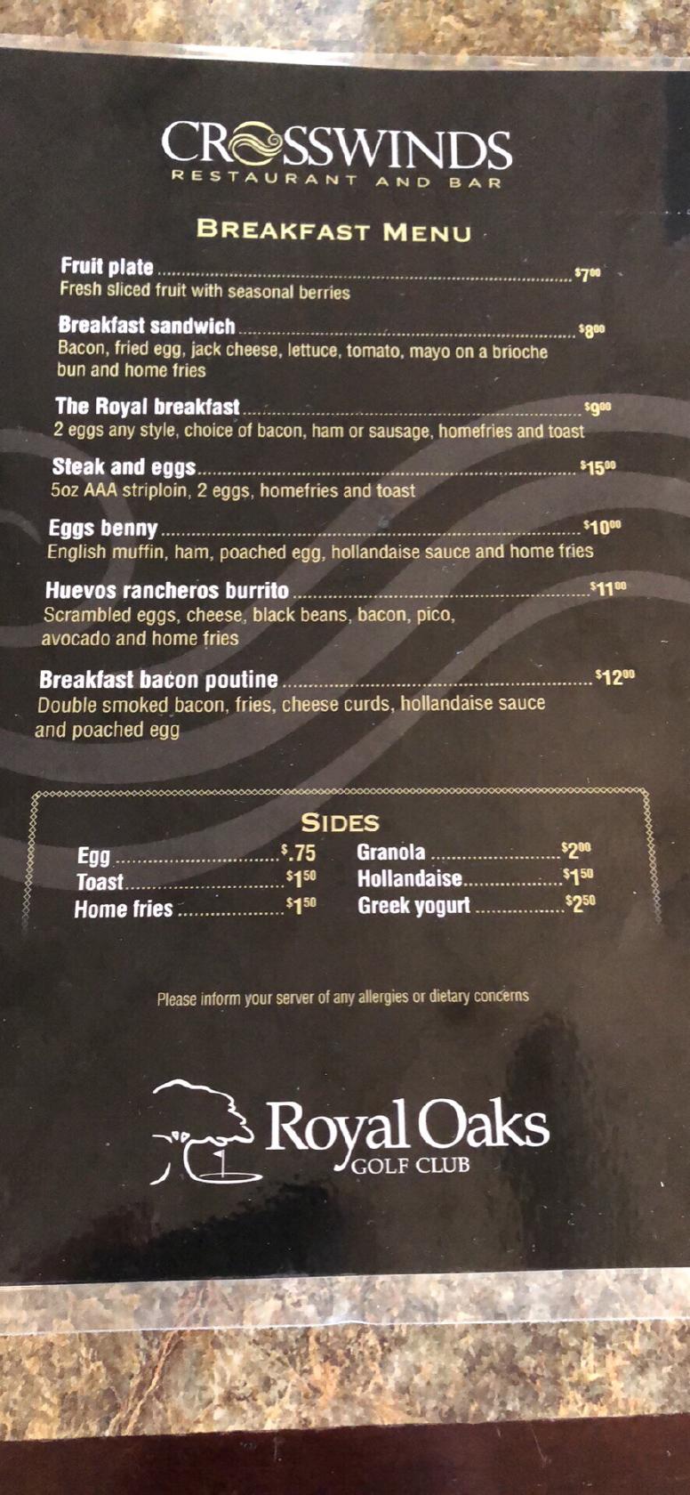 Menu at Crosswinds Restaurant and Bar, Moncton