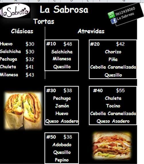 Menu at La Sabrosa Tortas restaurant, San Cristóbal de las Casas