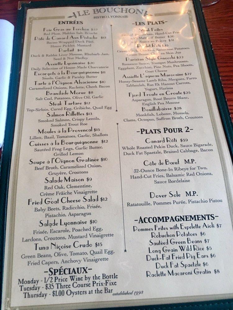 Menu at Le Bouchon restaurant, Chicago