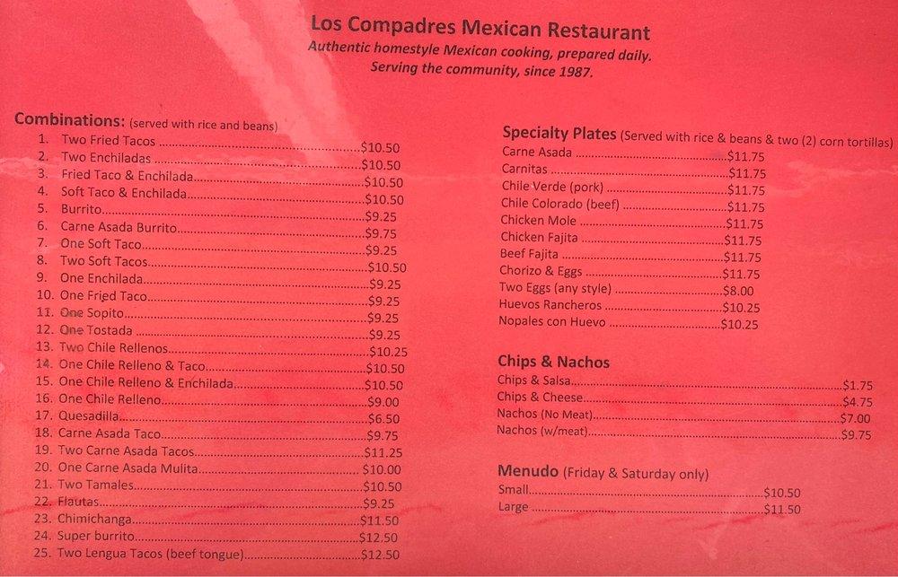 Menu at Los Compadres Mexican Restaurant, Crescent City