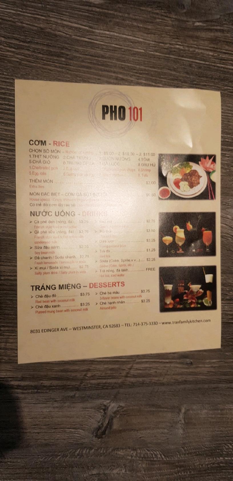 Menu at Pho 101 restaurant, Westminster, Edinger Ave