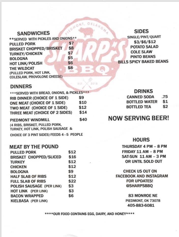 Menu at Sharp’s BBQ, Piedmont