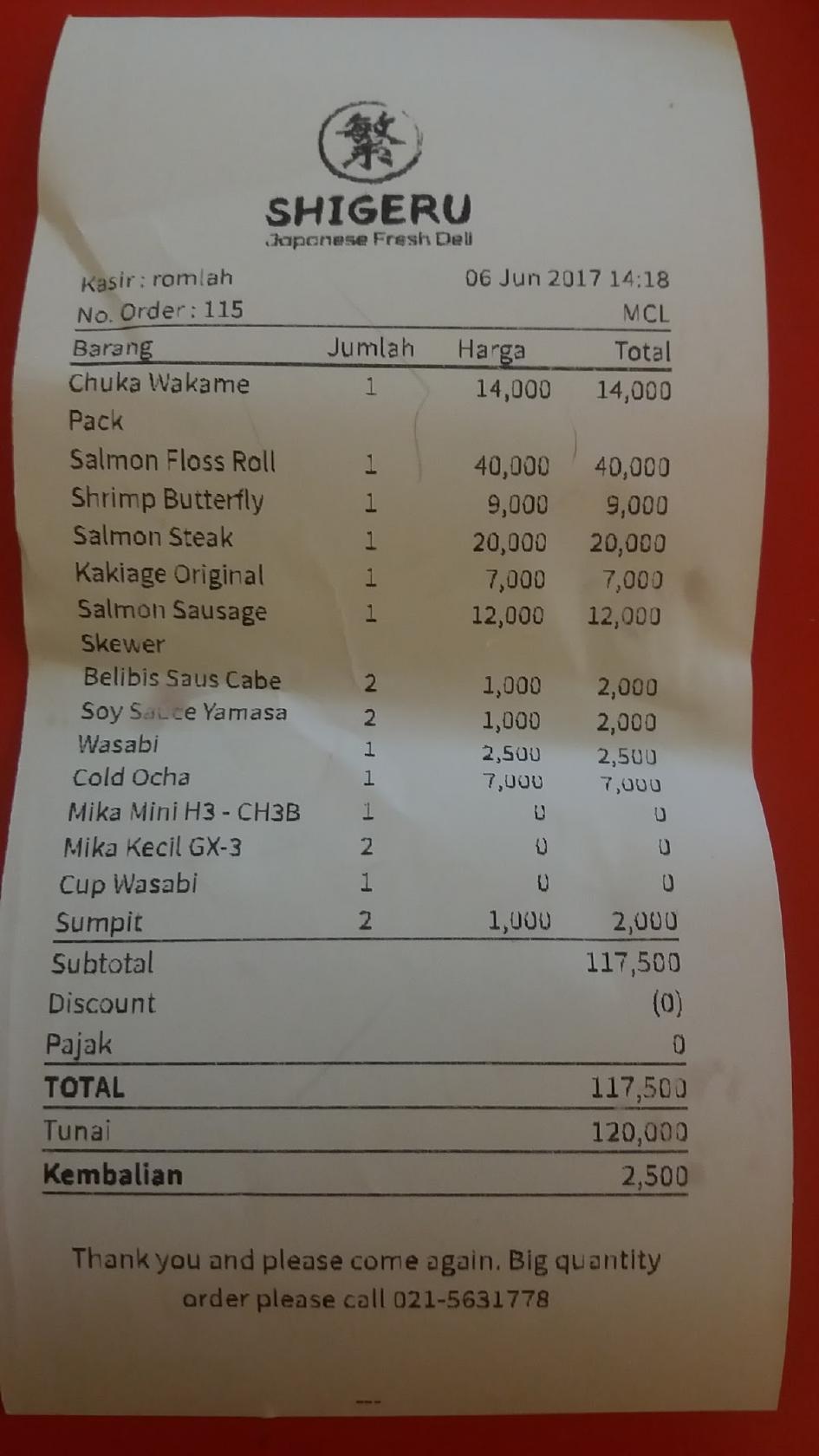 Menu at Shigeru Japanese Fresh Deli restaurant, West Jakarta