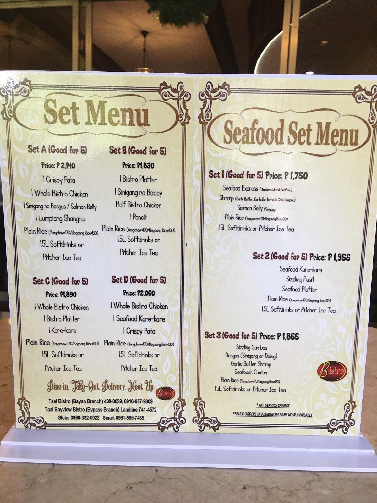 Menu at Taal Bayview Bistro Restaurant, Taal, VWQP+6PP
