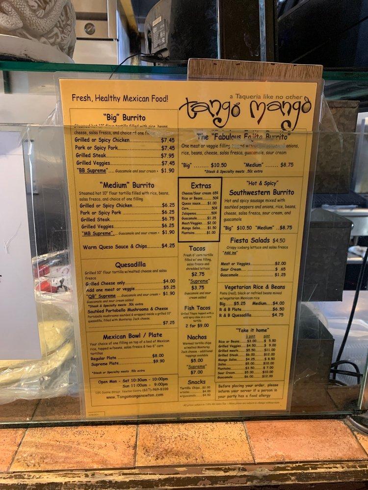 Menu at Tango Mango restaurant, Newton