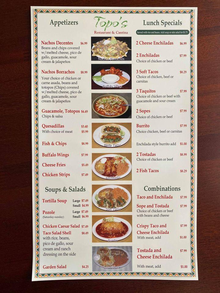 Menu at Topo’s Restaurant Bar & Banquet Facility, Chino