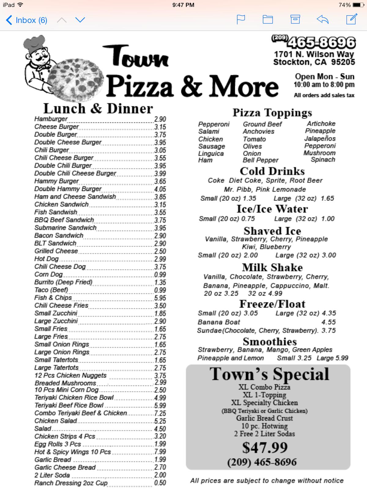Menu at Town Pizza & More pizzeria, Stockton