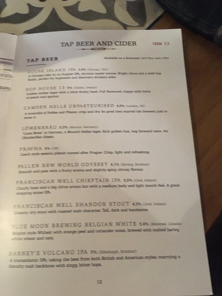 Menu at Brewhemia restaurant, Edinburgh