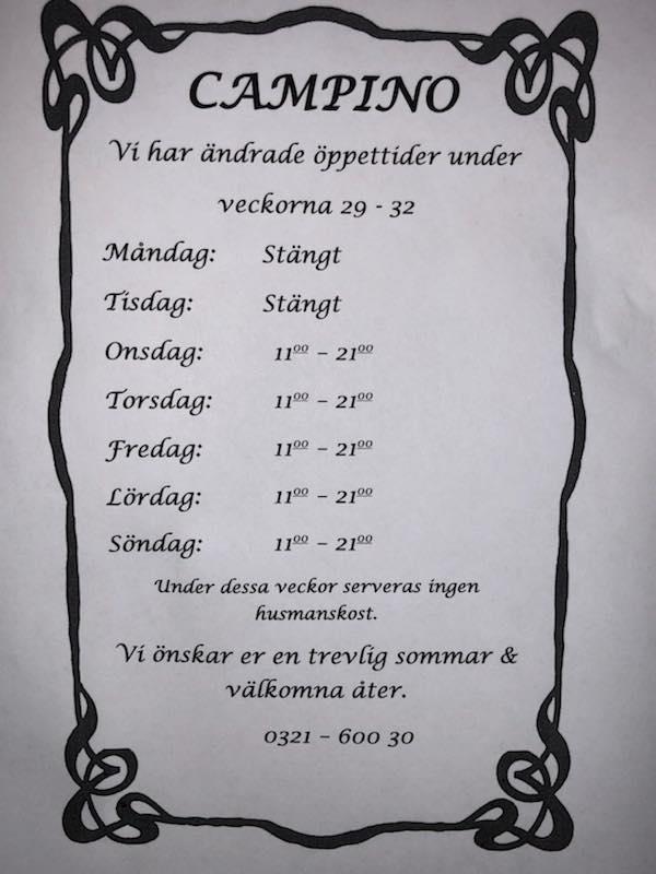 Menu at Campino restaurant, Sweden
