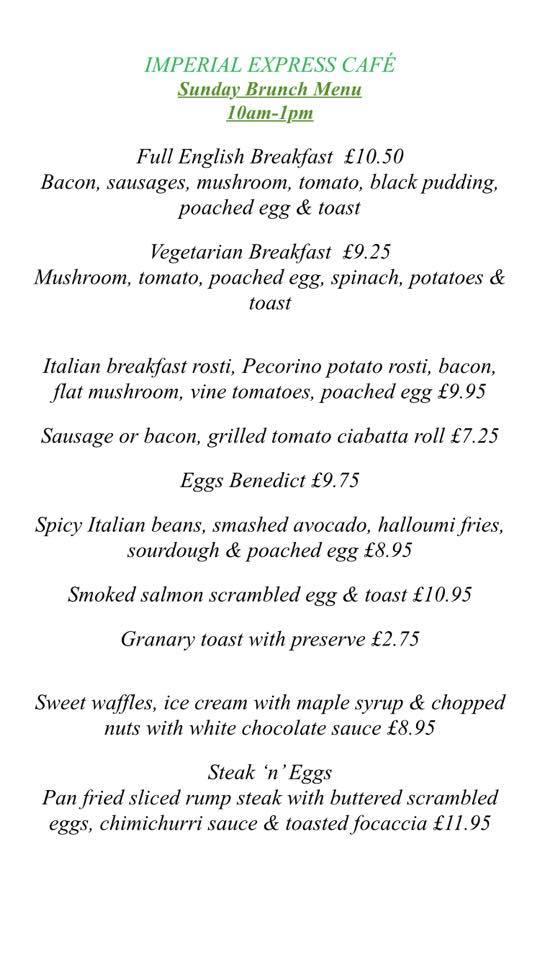 Menu at Imperial Express cafe, Darlington