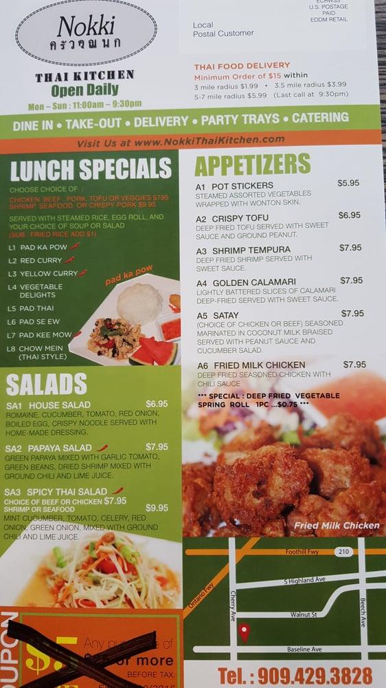 Menu at Nokki Thai Kitchen restaurant, Fontana