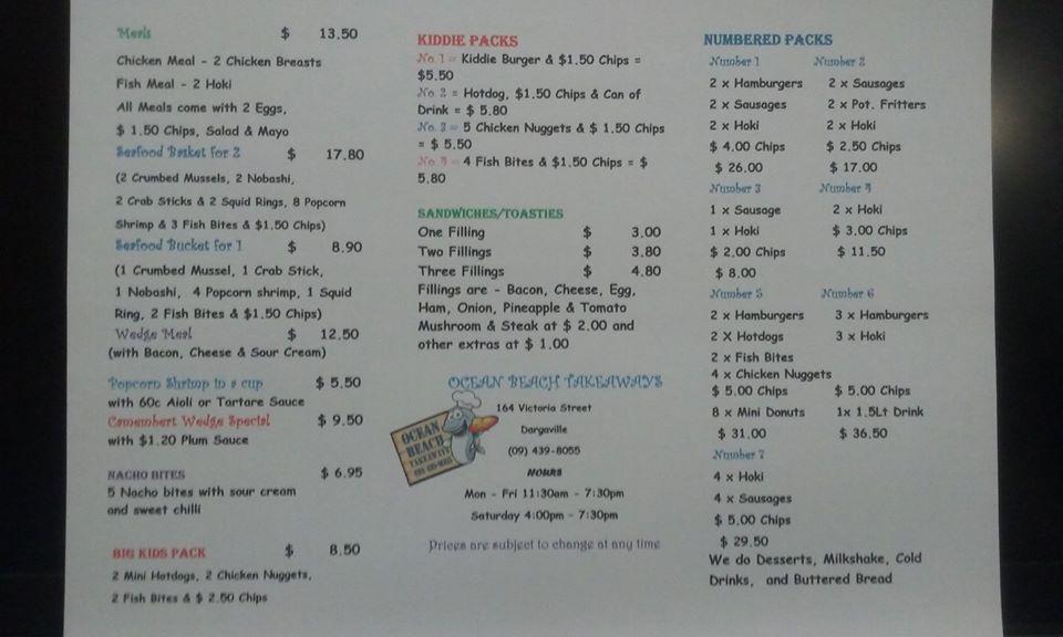Menu at Ocean Beach Takeaways Dargaville restaurant, Dargaville