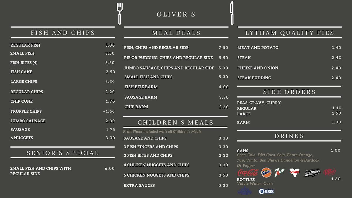 Menu at Oliver's Chippy restaurant, Freckleton