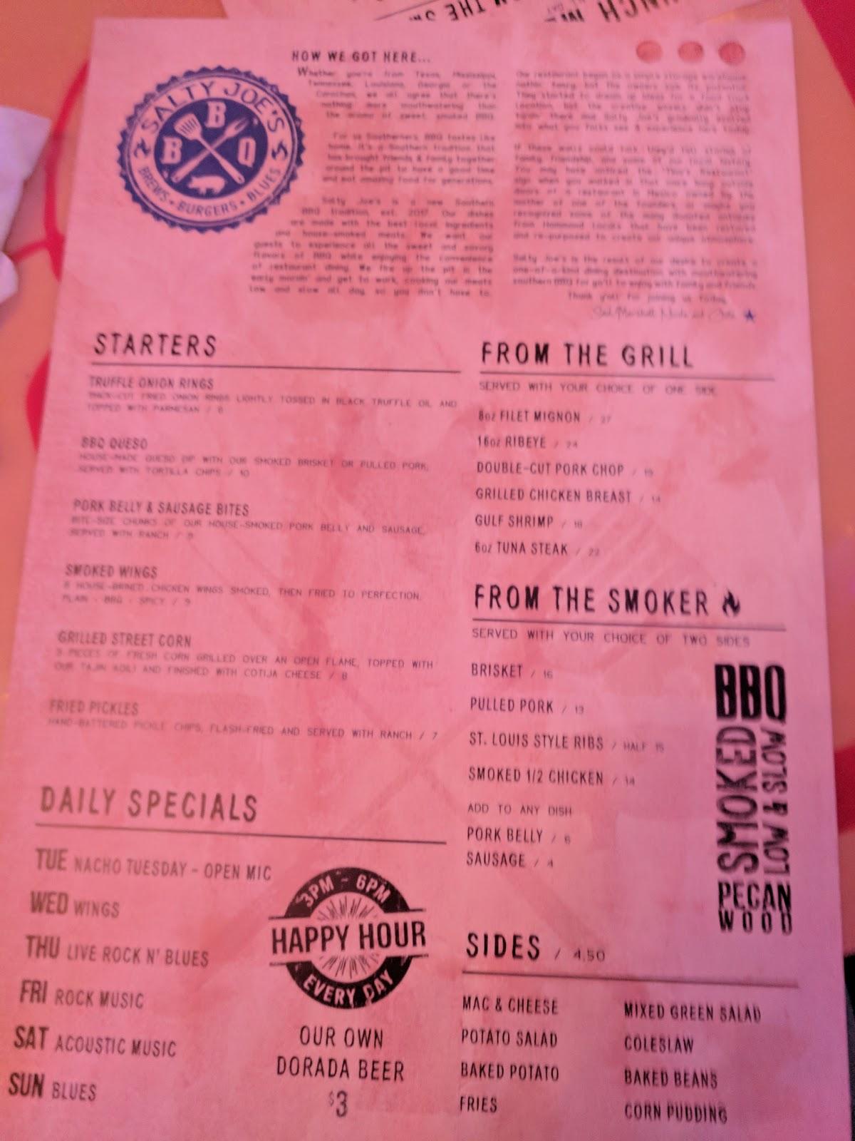 Menu at Salty Joe's BBQ Shop, Hammond