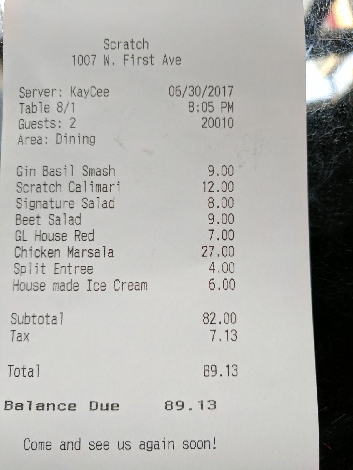 Menu at Scratch restaurant, Spokane