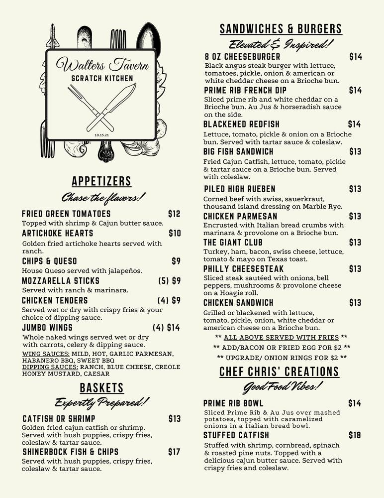 Menu at Walter's Tavern steakhouse, Lake Dallas
