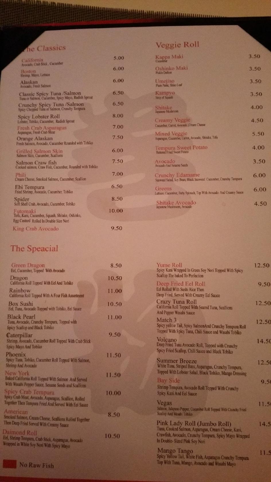 Menu at Yume restaurant, Scranton