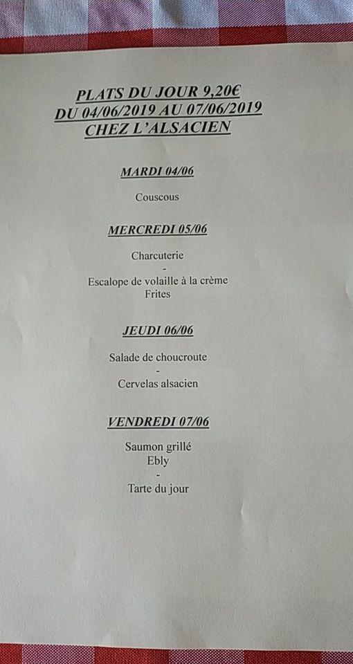Menu at Chez l'Alsacien restaurant, Lommerange