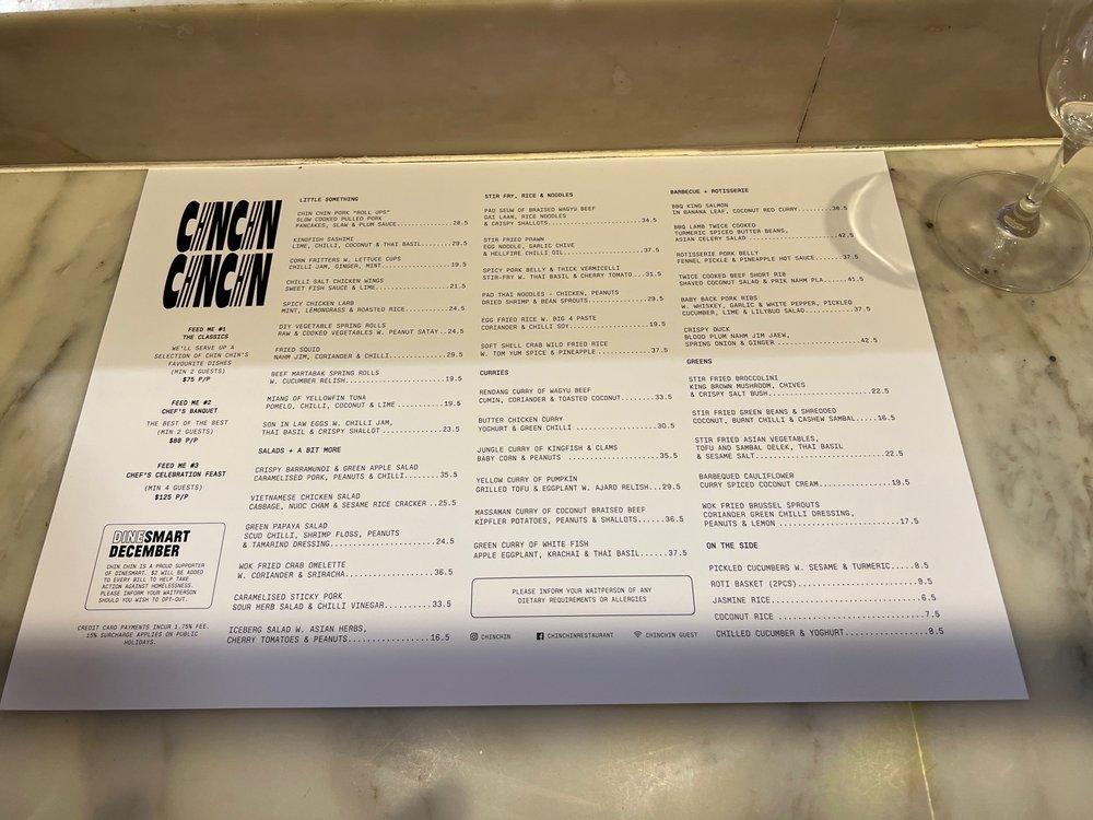 Menu at Chin Chin restaurant, Melbourne