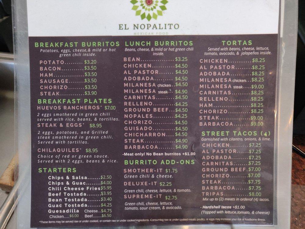 Menu at El Nopalito Mexican Food restaurant, Denver