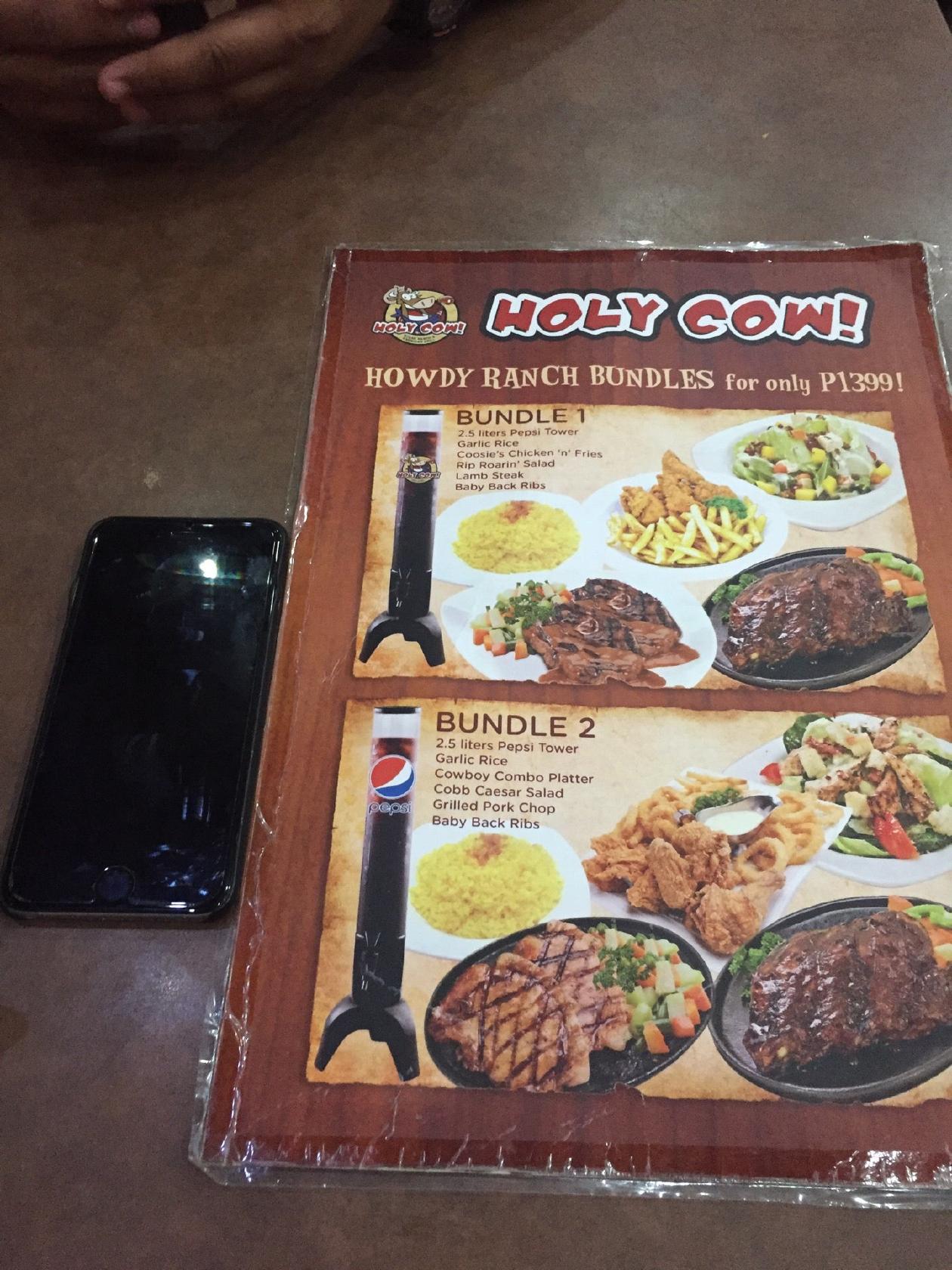 Menu at Holy Cow restaurant, Pasay, GXMJ+HR3