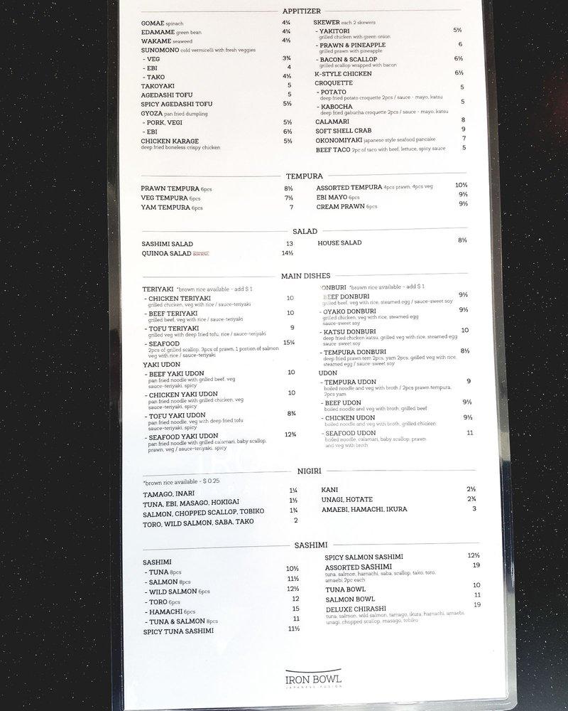 Menu au Iron Bowl restaurant, Port Coquitlam